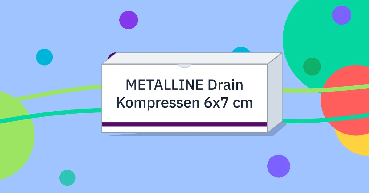 Symbolbild: Packung mit der Aufschrift METALLINE Drain Kompressen 6x7 cm (PZN 15403301) – Verfügbarkeit und Bezug in Apotheken in Frankfurt am Main