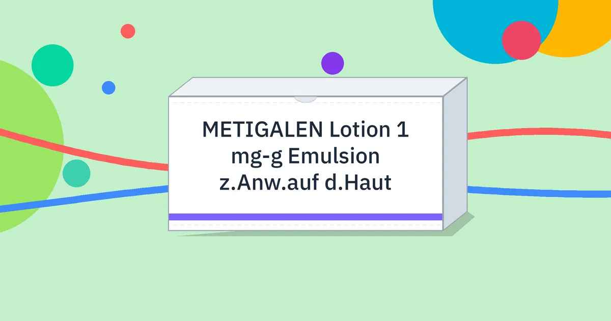 Symbolbild: Packung mit der Aufschrift METIGALEN Lotion 1 mg-g Emulsion z.Anw.auf d.Haut (PZN 16597632) – Verfügbarkeit und Bezug in Apotheken in Frankfurt am Main