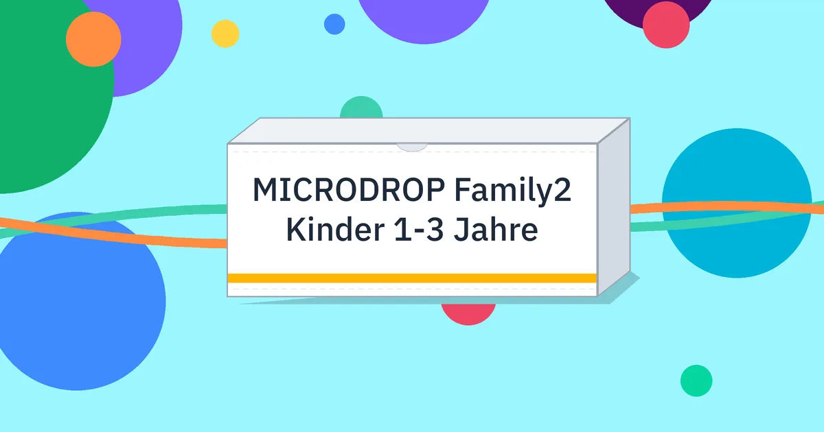 Symbolbild: Packung mit der Aufschrift MICRODROP Family2 Kinder 1-3 Jahre (PZN 09937346) – Verfügbarkeit und Bezug in Apotheken in Frankfurt am Main