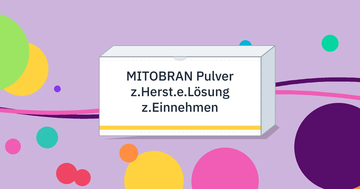 Symbolbild: Packung mit der Aufschrift MITOBRAN Pulver z.Herst.e.Lösung z.Einnehmen (PZN 16154751) – Verfügbarkeit und Bezug in Apotheken in Frankfurt am Main
