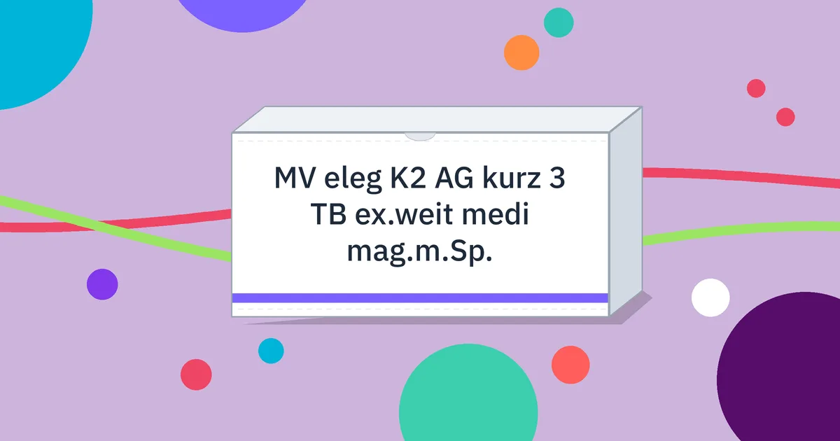 Symbolbild: Packung mit der Aufschrift MV eleg K2 AG kurz 3 TB ex.weit medi mag.m.Sp. (PZN 14637416) – Verfügbarkeit und Bezug in Apotheken in Frankfurt am Main