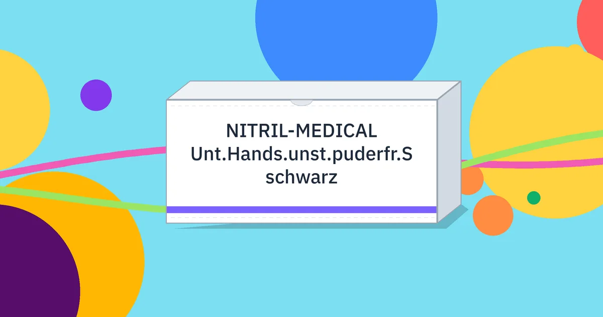 Symbolbild: Packung mit der Aufschrift NITRIL-MEDICAL Unt.Hands.unst.puderfr.S schwarz (PZN 18408405) – Verfügbarkeit und Bezug in Apotheken in Frankfurt am Main