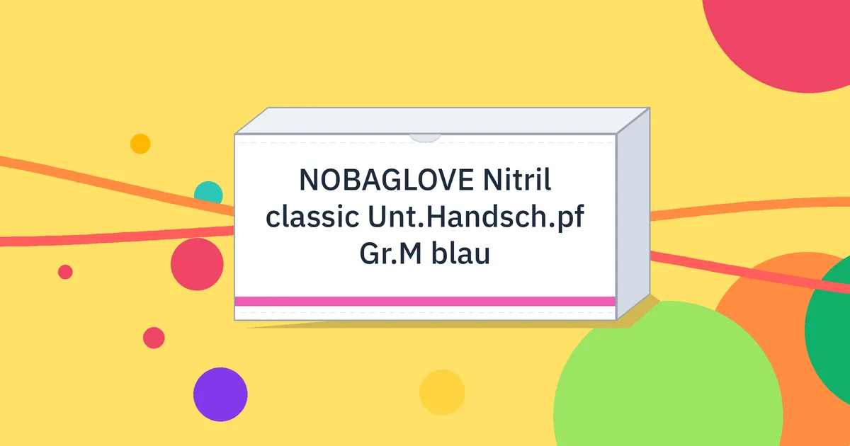 Symbolbild: Packung mit der Aufschrift NOBAGLOVE Nitril classic Unt.Handsch.pf Gr.M blau (PZN 16945211) – Verfügbarkeit und Bezug in Apotheken in Frankfurt am Main