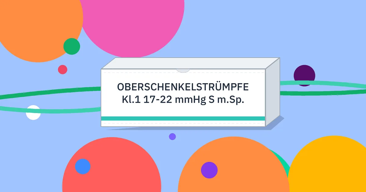 Symbolbild: Packung mit der Aufschrift OBERSCHENKELSTRÜMPFE Kl.1 17-22 mmHg S m.Sp. (PZN 19072321) – Verfügbarkeit und Bezug in Apotheken in Frankfurt am Main