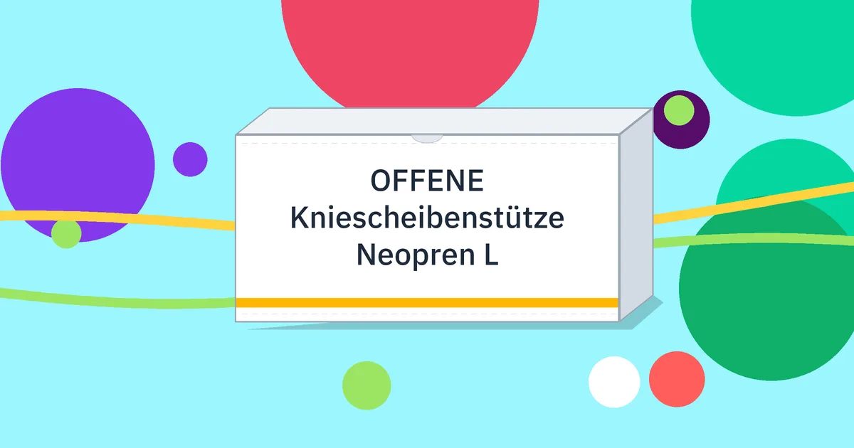 Symbolbild: Packung mit der Aufschrift OFFENE Kniescheibenstütze Neopren L (PZN 19071379) – Verfügbarkeit und Bezug in Apotheken in Frankfurt am Main