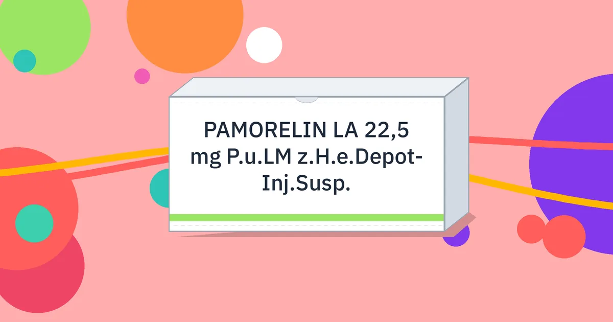 Symbolbild: Packung mit der Aufschrift PAMORELIN LA 22,5 mg P.u.LM z.H.e.Depot-Inj.Susp. (PZN 19238595) – Verfügbarkeit und Bezug in Apotheken in Frankfurt am Main