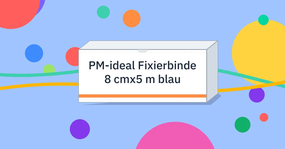 Symbolbild: Packung mit der Aufschrift PM-ideal Fixierbinde 8 cmx5 m blau (PZN 18844649) – Verfügbarkeit und Bezug in Apotheken in Frankfurt am Main