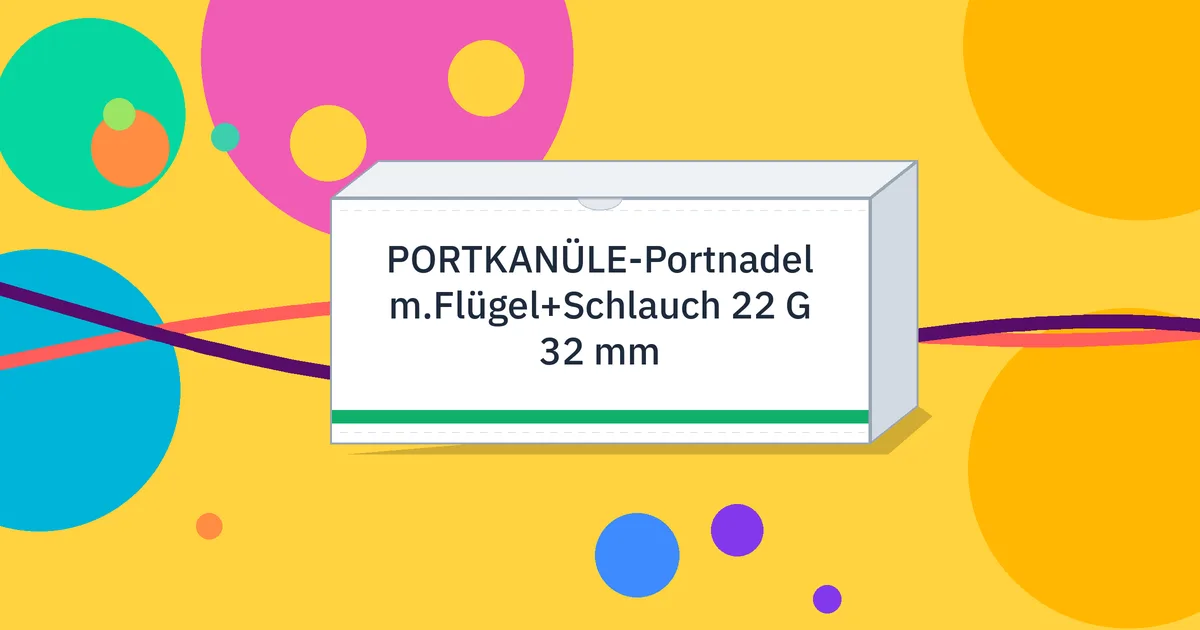 Symbolbild: Packung mit der Aufschrift PORTKANÜLE-Portnadel m.Flügel+Schlauch 22 G 32 mm (PZN 10010809) – Verfügbarkeit und Bezug in Apotheken in Frankfurt am Main