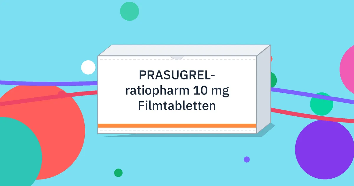 Symbolbild: Packung mit der Aufschrift PRASUGREL-ratiopharm 10 mg Filmtabletten (PZN 18138348) – Verfügbarkeit und Bezug in Apotheken in Frankfurt am Main