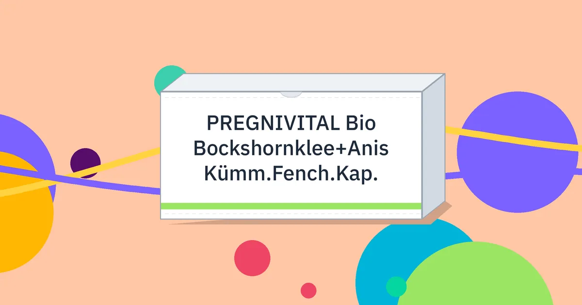 Symbolbild: Packung mit der Aufschrift PREGNIVITAL Bio Bockshornklee+Anis Kümm.Fench.Kap. (PZN 19128984) – Verfügbarkeit und Bezug in Apotheken in Frankfurt am Main