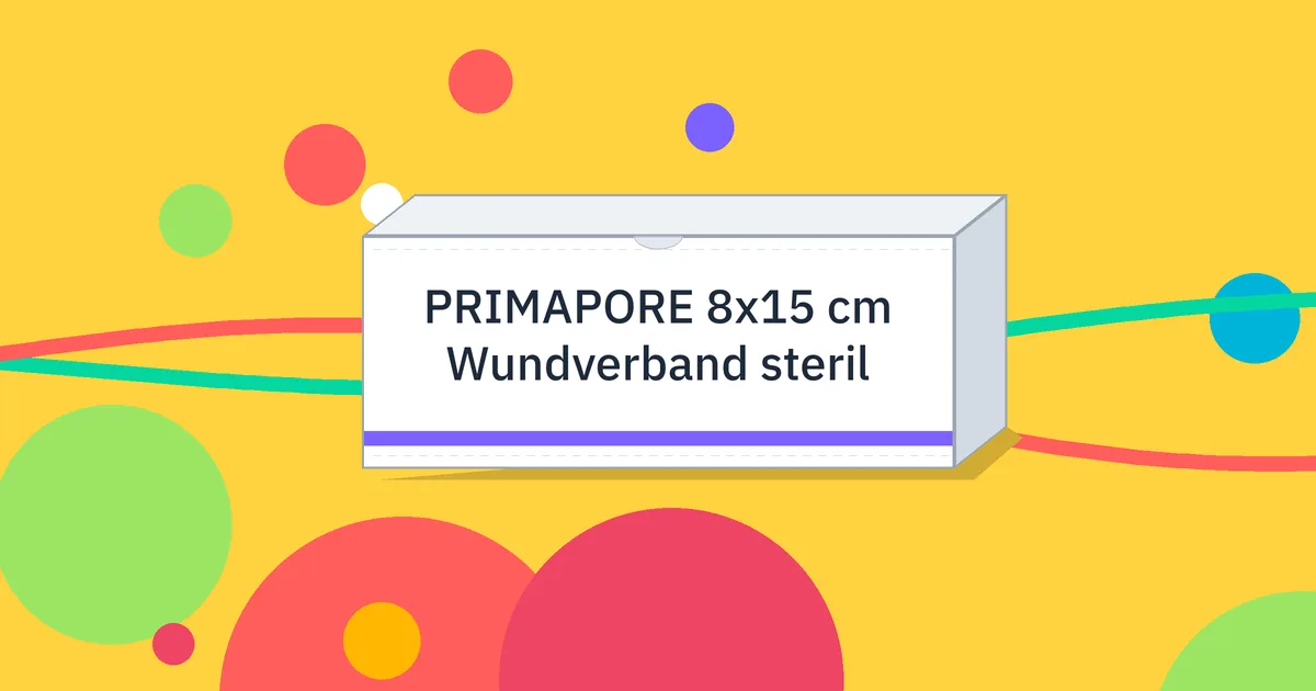 Symbolbild: Packung mit der Aufschrift PRIMAPORE 8x15 cm Wundverband steril (PZN 19843729) – Verfügbarkeit und Bezug in Apotheken in Frankfurt am Main