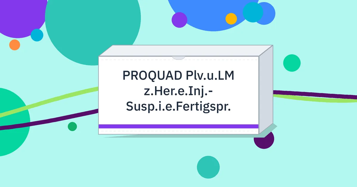 Symbolbild: Packung mit der Aufschrift PROQUAD Plv.u.LM z.Her.e.Inj.-Susp.i.e.Fertigspr. (PZN 18136013) – Verfügbarkeit und Bezug in Apotheken in Frankfurt am Main