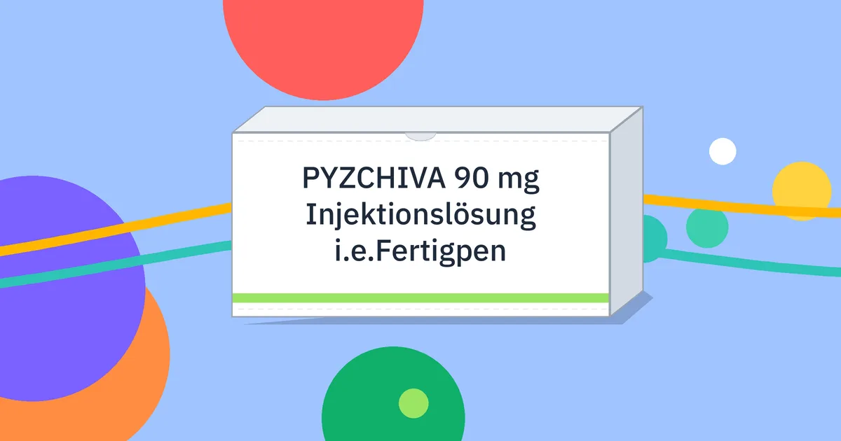 Symbolbild: Packung mit der Aufschrift PYZCHIVA 90 mg Injektionslösung i.e.Fertigpen (PZN 20090991) – Verfügbarkeit und Bezug in Apotheken in Frankfurt am Main