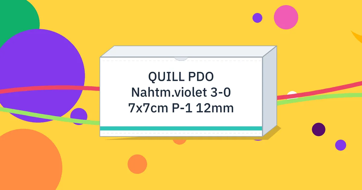 Symbolbild: Packung mit der Aufschrift QUILL PDO Nahtm.violet 3-0 7x7cm P-1 12mm (PZN 17989417) – Verfügbarkeit und Bezug in Apotheken in Frankfurt am Main