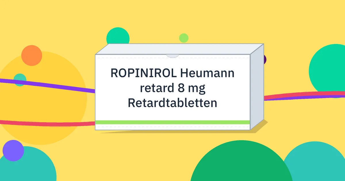 Symbolbild: Packung mit der Aufschrift ROPINIROL Heumann retard 8 mg Retardtabletten (PZN 10065259) – Verfügbarkeit und Bezug in Apotheken in Frankfurt am Main