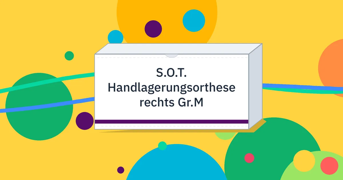 Symbolbild: Packung mit der Aufschrift S.O.T. Handlagerungsorthese rechts Gr.M (PZN 14048772) – Verfügbarkeit und Bezug in Apotheken in Frankfurt am Main