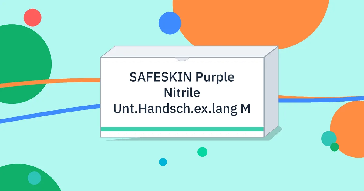Symbolbild: Packung mit der Aufschrift SAFESKIN Purple Nitrile Unt.Handsch.ex.lang M (PZN 01382067) – Verfügbarkeit und Bezug in Apotheken in Frankfurt am Main