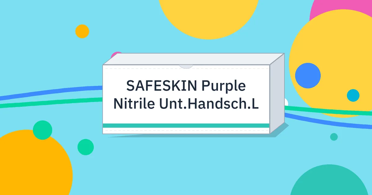 Symbolbild: Packung mit der Aufschrift SAFESKIN Purple Nitrile Unt.Handsch.L (PZN 01298697) – Verfügbarkeit und Bezug in Apotheken in Frankfurt am Main