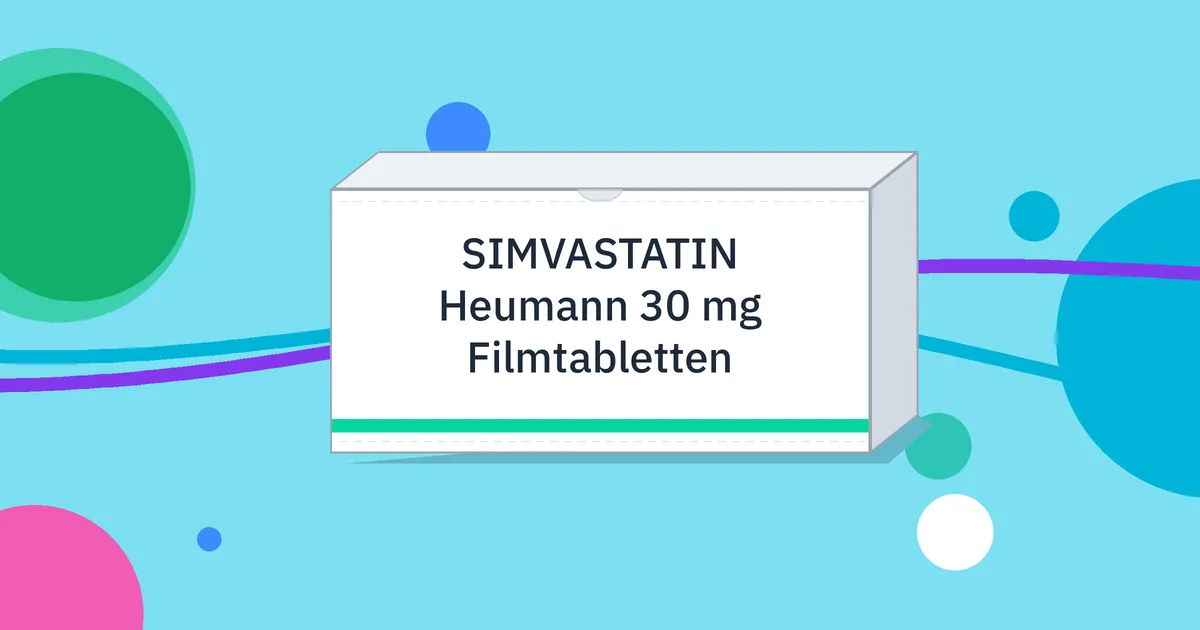 Symbolbild: Packung mit der Aufschrift SIMVASTATIN Heumann 30 mg Filmtabletten (PZN 09542352) – Verfügbarkeit und Bezug in Apotheken in Frankfurt am Main