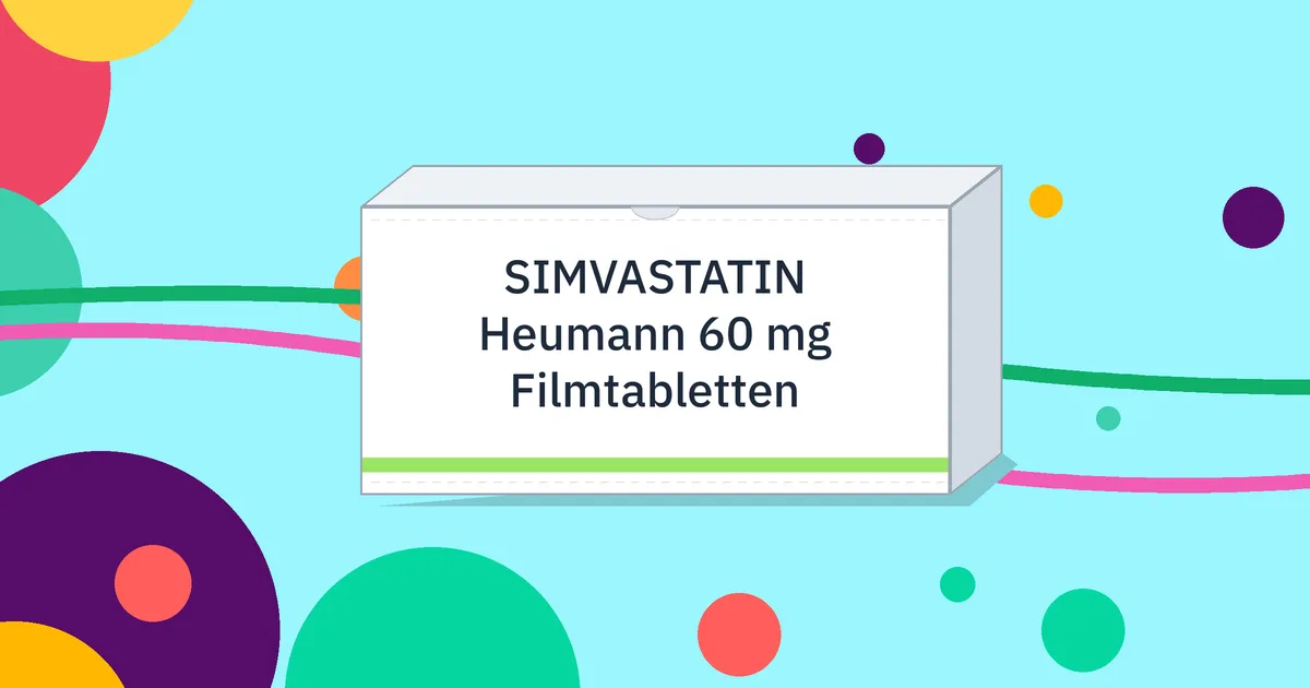 Symbolbild: Packung mit der Aufschrift SIMVASTATIN Heumann 60 mg Filmtabletten (PZN 09542317) – Verfügbarkeit und Bezug in Apotheken in Frankfurt am Main