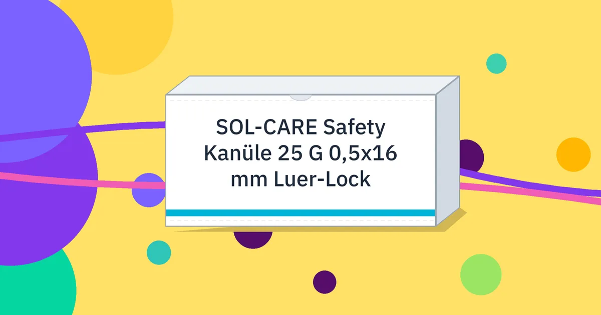Symbolbild: Packung mit der Aufschrift SOL-CARE Safety Kanüle 25 G 0,5x16 mm Luer-Lock (PZN 20328180) – Verfügbarkeit und Bezug in Apotheken in Frankfurt am Main
