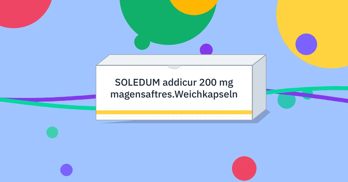 Symbolbild: Packung mit der Aufschrift SOLEDUM addicur 200 mg magensaftres.Weichkapseln (PZN 15889373) – Verfügbarkeit und Bezug in Apotheken in Frankfurt am Main