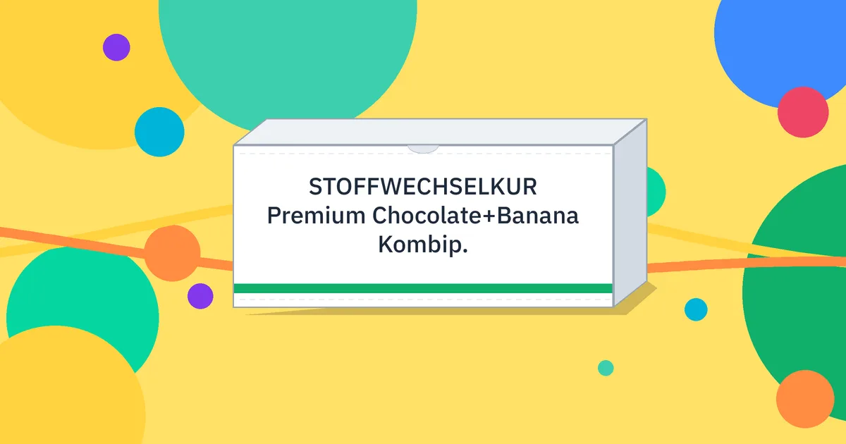 Symbolbild: Packung mit der Aufschrift STOFFWECHSELKUR Premium Chocolate+Banana Kombip. (PZN 14044432) – Verfügbarkeit und Bezug in Apotheken in Frankfurt am Main