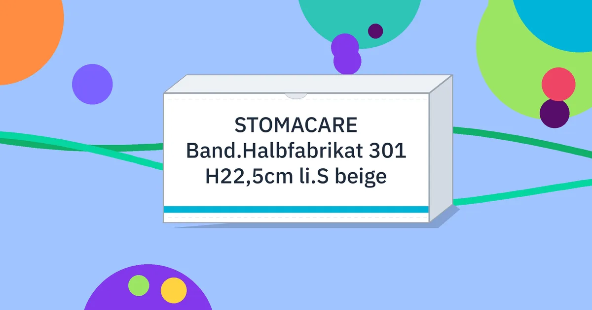Symbolbild: Packung mit der Aufschrift STOMACARE Band.Halbfabrikat 301 H22,5cm li.S beige (PZN 09109201) – Verfügbarkeit und Bezug in Apotheken in Frankfurt am Main