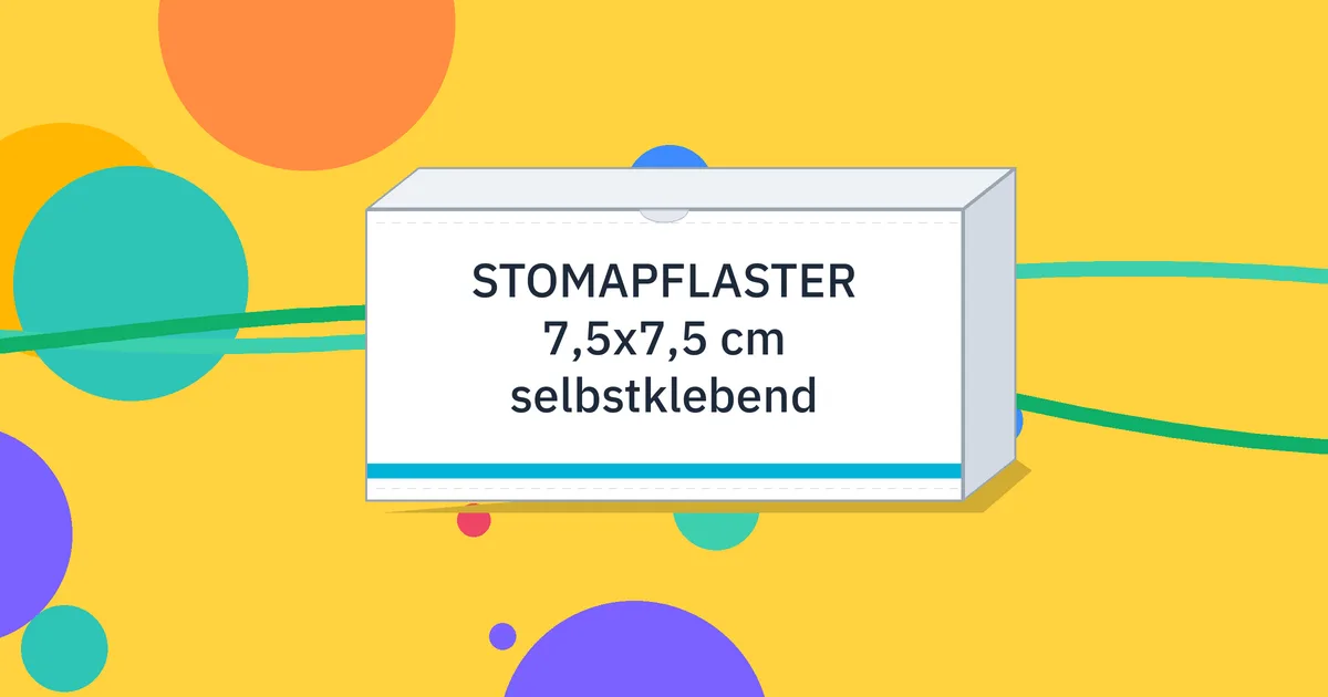 Symbolbild: Packung mit der Aufschrift STOMAPFLASTER 7,5x7,5 cm selbstklebend (PZN 16842416) – Verfügbarkeit und Bezug in Apotheken in Frankfurt am Main
