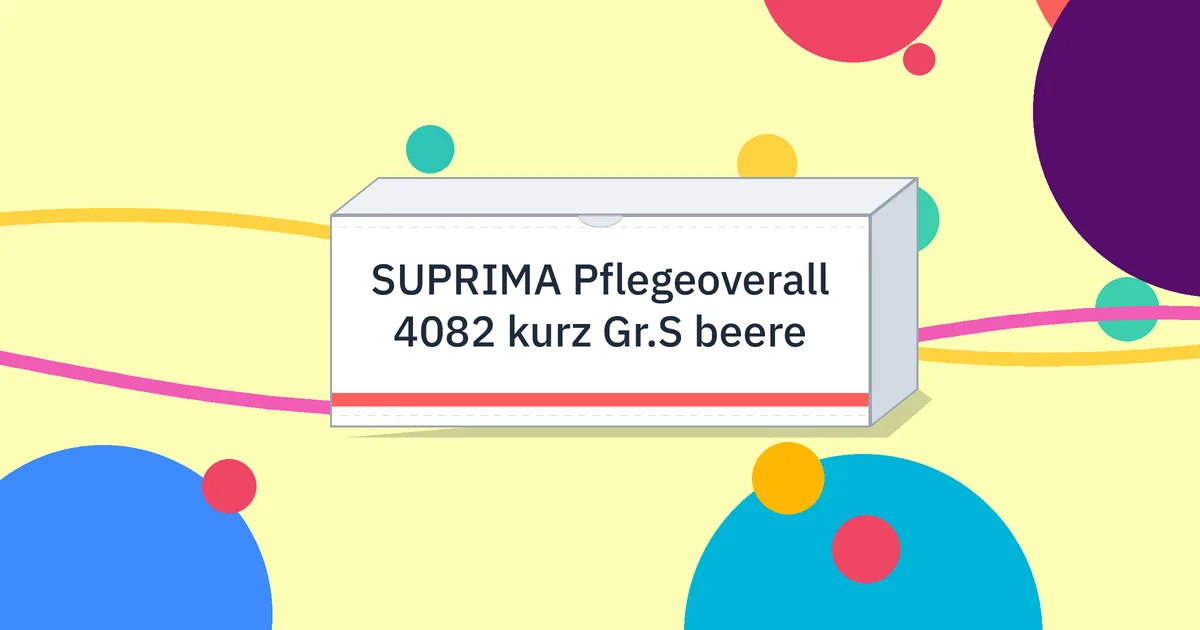 Symbolbild: Packung mit der Aufschrift SUPRIMA Pflegeoverall 4082 kurz Gr.S beere (PZN 11659908) – Verfügbarkeit und Bezug in Apotheken in Frankfurt am Main