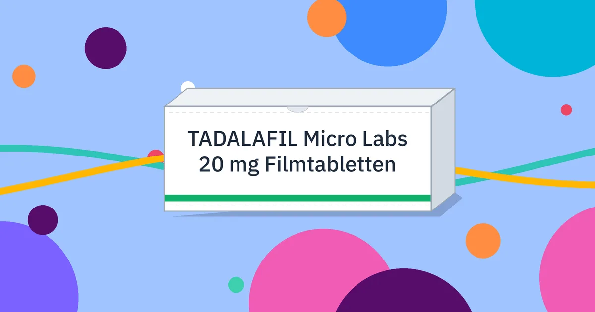 Symbolbild: Packung mit der Aufschrift TADALAFIL Micro Labs 20 mg Filmtabletten (PZN 18112679) – Verfügbarkeit und Bezug in Apotheken in Frankfurt am Main