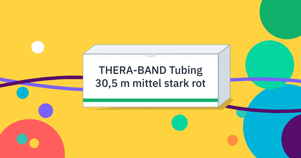 Symbolbild: Packung mit der Aufschrift THERA-BAND Tubing 30,5 m mittel stark rot (PZN 00422379) – Verfügbarkeit und Bezug in Apotheken in Frankfurt am Main
