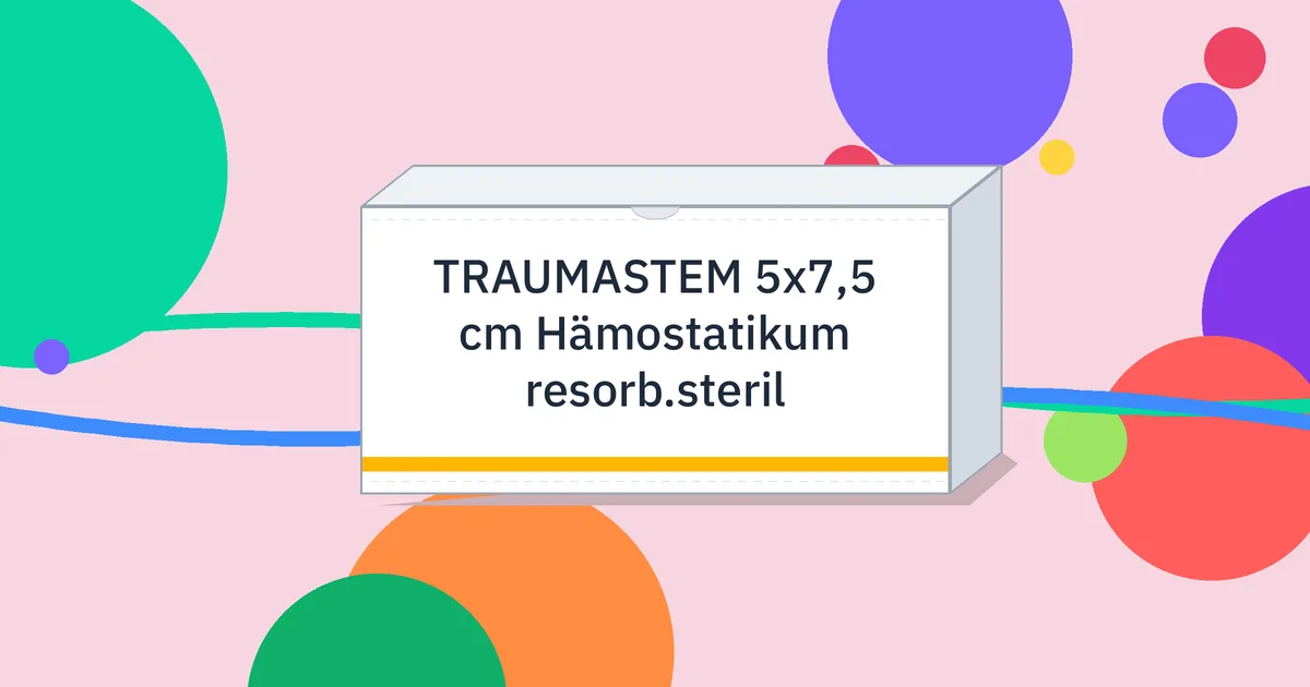 Symbolbild: Packung mit der Aufschrift TRAUMASTEM 5x7,5 cm Hämostatikum resorb.steril (PZN 20387857) – Verfügbarkeit und Bezug in Apotheken in Frankfurt am Main