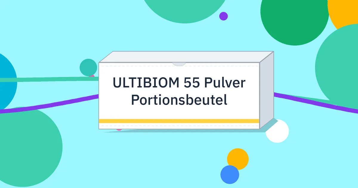 Symbolbild: Packung mit der Aufschrift ULTIBIOM 55 Pulver Portionsbeutel (PZN 20796751) – Verfügbarkeit und Bezug in Apotheken in Frankfurt am Main