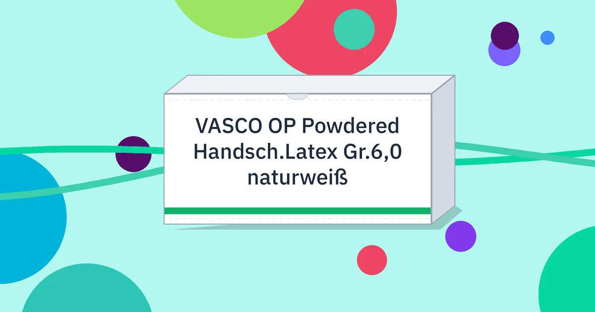 Symbolbild: Packung mit der Aufschrift VASCO OP Powdered Handsch.Latex Gr.6,0 naturweiß (PZN 14382689) – Verfügbarkeit und Bezug in Apotheken in Frankfurt am Main