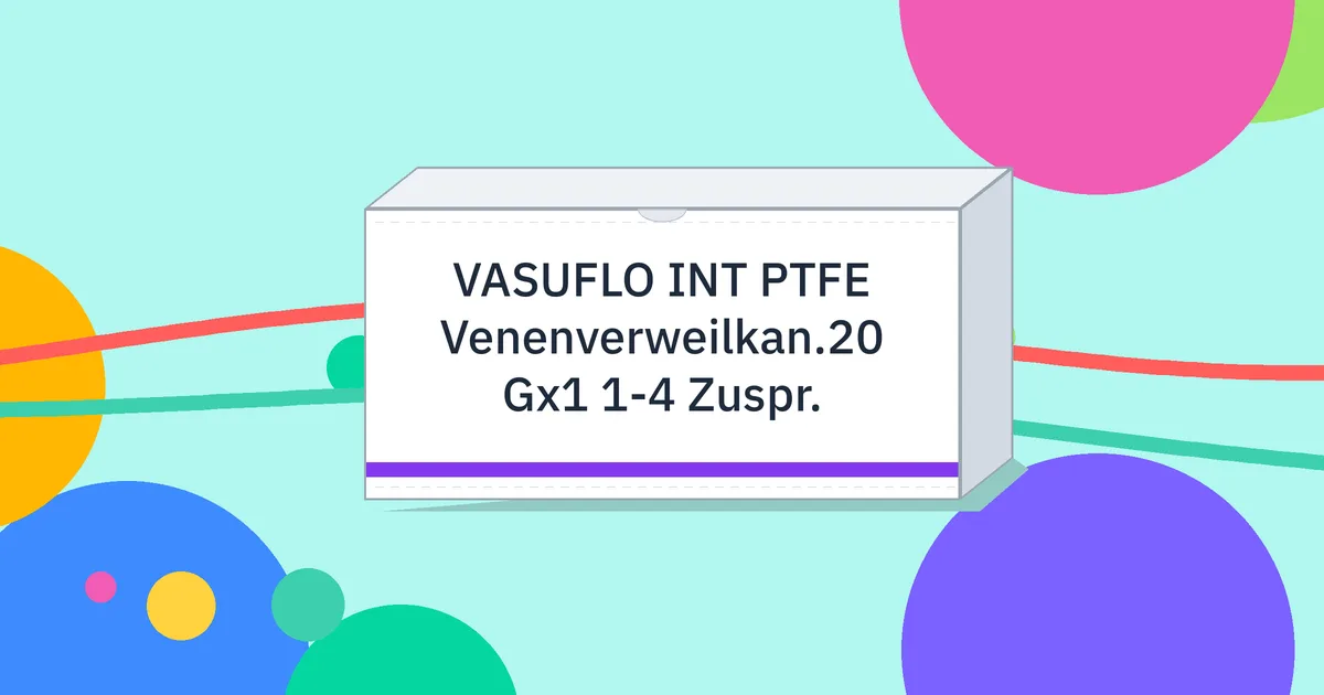 Symbolbild: Packung mit der Aufschrift VASUFLO INT PTFE Venenverweilkan.20 Gx1 1-4 Zuspr. (PZN 18387057) – Verfügbarkeit und Bezug in Apotheken in Frankfurt am Main