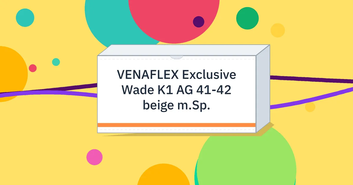 Symbolbild: Packung mit der Aufschrift VENAFLEX Exclusive Wade K1 AG 41-42 beige m.Sp. (PZN 18309181) – Verfügbarkeit und Bezug in Apotheken in Frankfurt am Main
