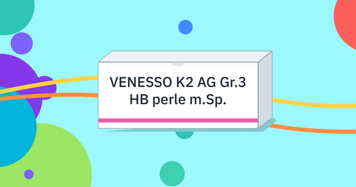Symbolbild: Packung mit der Aufschrift VENESSO K2 AG Gr.3 HB perle m.Sp. (PZN 03262717) – Verfügbarkeit und Bezug in Apotheken in Frankfurt am Main