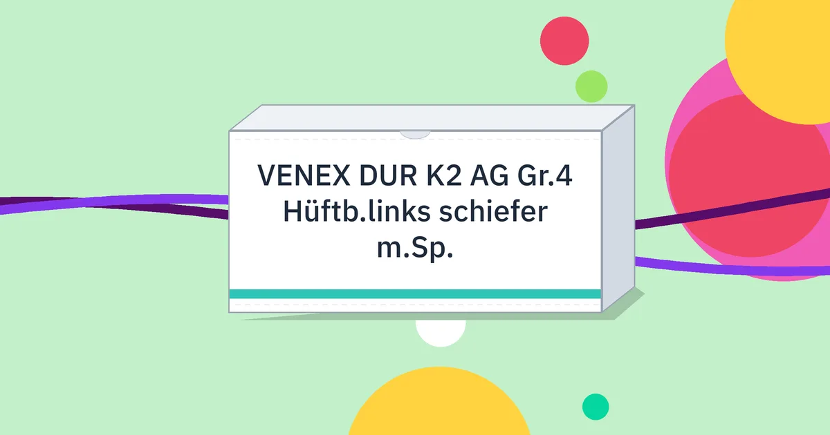 Symbolbild: Packung mit der Aufschrift VENEX DUR K2 AG Gr.4 Hüftb.links schiefer m.Sp. (PZN 03226880) – Verfügbarkeit und Bezug in Apotheken in Frankfurt am Main