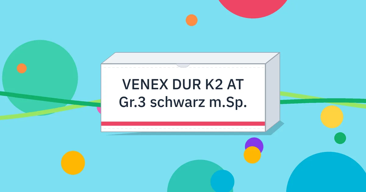 Symbolbild: Packung mit der Aufschrift VENEX DUR K2 AT Gr.3 schwarz m.Sp. (PZN 03222126) – Verfügbarkeit und Bezug in Apotheken in Frankfurt am Main