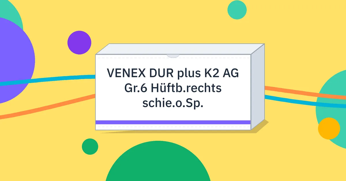 Symbolbild: Packung mit der Aufschrift VENEX DUR plus K2 AG Gr.6 Hüftb.rechts schie.o.Sp. (PZN 03242867) – Verfügbarkeit und Bezug in Apotheken in Frankfurt am Main