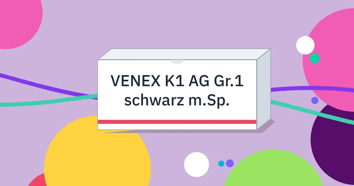 Symbolbild: Packung mit der Aufschrift VENEX K1 AG Gr.1 schwarz m.Sp. (PZN 03187890) – Verfügbarkeit und Bezug in Apotheken in Frankfurt am Main