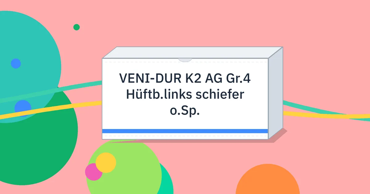 Symbolbild: Packung mit der Aufschrift VENI-DUR K2 AG Gr.4 Hüftb.links schiefer o.Sp. (PZN 03253948) – Verfügbarkeit und Bezug in Apotheken in Frankfurt am Main
