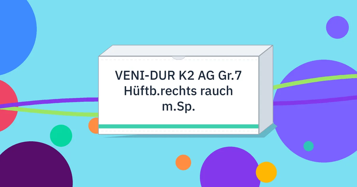 Symbolbild: Packung mit der Aufschrift VENI-DUR K2 AG Gr.7 Hüftb.rechts rauch m.Sp. (PZN 03249007) – Verfügbarkeit und Bezug in Apotheken in Frankfurt am Main