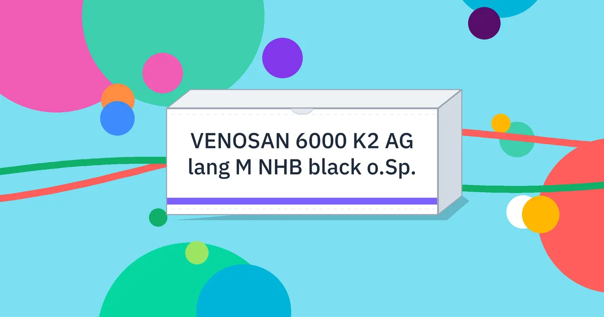 Symbolbild: Packung mit der Aufschrift VENOSAN 6000 K2 AG lang M NHB black o.Sp. (PZN 17172886) – Verfügbarkeit und Bezug in Apotheken in Frankfurt am Main