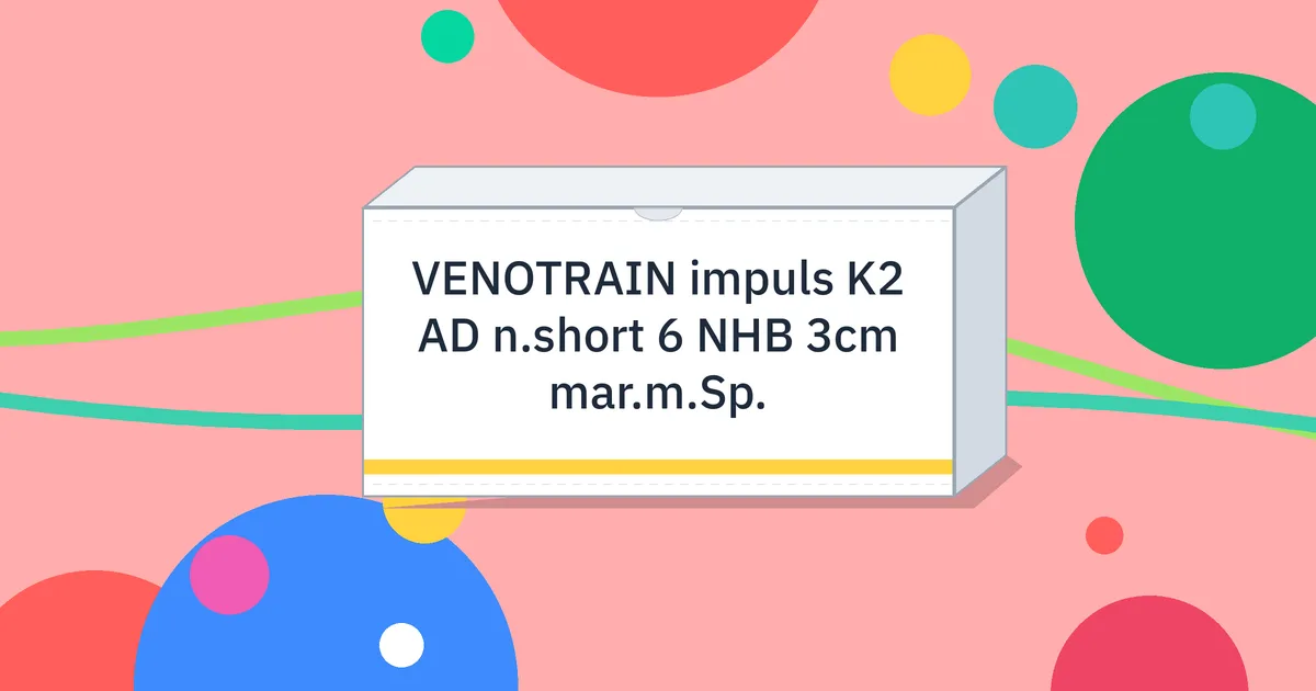 Symbolbild: Packung mit der Aufschrift VENOTRAIN impuls K2 AD n.short 6 NHB 3cm mar.m.Sp. (PZN 15223467) – Verfügbarkeit und Bezug in Apotheken in Frankfurt am Main