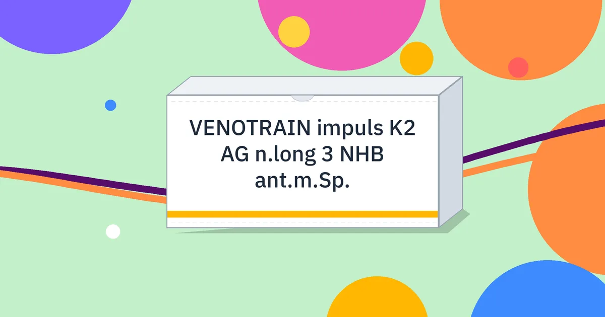 Symbolbild: Packung mit der Aufschrift VENOTRAIN impuls K2 AG n.long 3 NHB ant.m.Sp. (PZN 15214712) – Verfügbarkeit und Bezug in Apotheken in Frankfurt am Main