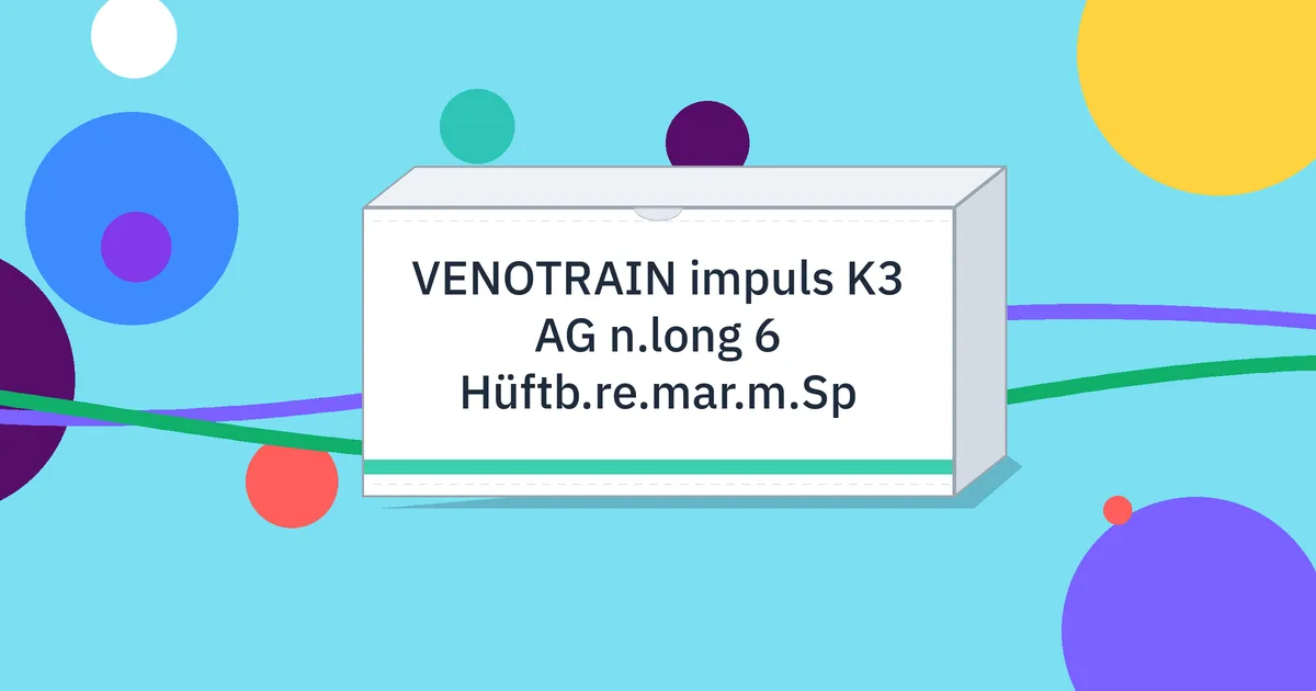 Symbolbild: Packung mit der Aufschrift VENOTRAIN impuls K3 AG n.long 6 Hüftb.re.mar.m.Sp (PZN 15217656) – Verfügbarkeit und Bezug in Apotheken in Frankfurt am Main