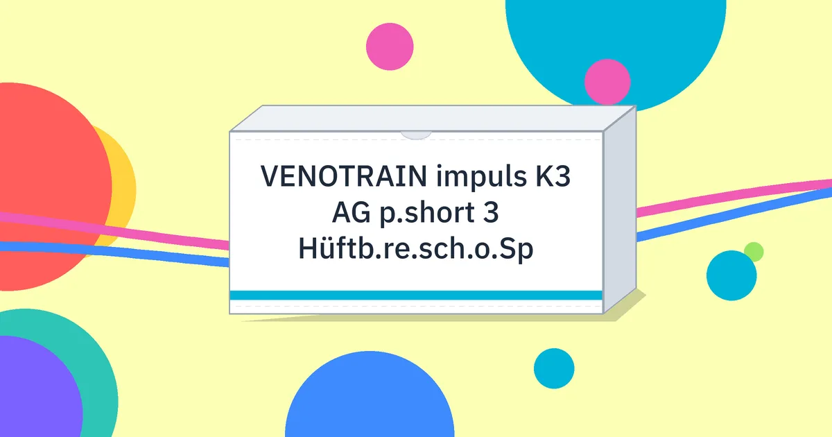 Symbolbild: Packung mit der Aufschrift VENOTRAIN impuls K3 AG p.short 3 Hüftb.re.sch.o.Sp (PZN 10294244) – Verfügbarkeit und Bezug in Apotheken in Frankfurt am Main