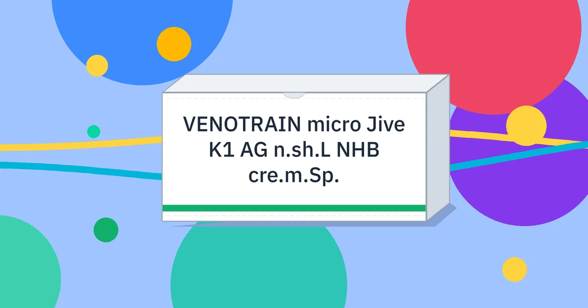 Symbolbild: Packung mit der Aufschrift VENOTRAIN micro Jive K1 AG n.sh.L NHB cre.m.Sp. (PZN 17763334) – Verfügbarkeit und Bezug in Apotheken in Frankfurt am Main